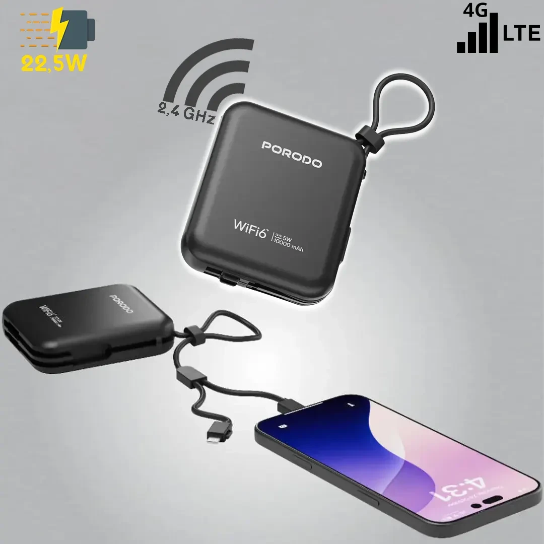 راوتر WiFi6 بتقنية 4G وباور بانك بسعة 10000 ملي أمبير بكابل تايب سي ولايتنينغ مدمج من بورودو ...